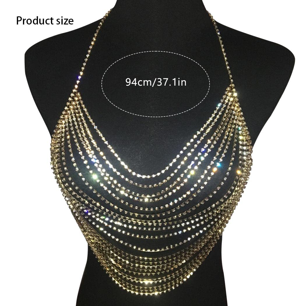 Ludress Crystal Layered Body Chain Gold Rhinestone Chest Chain Sparkly Tops Bra Chains Tassel Bikini Chain Rave Party Body Jewelry for Women and Girls