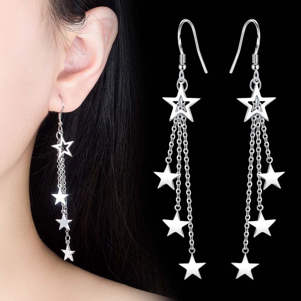 Temperament Long Star Tassel Drop Dangle Earrings for Women Five-Pointed Star Stud Earrings Shiny Starlight Hollow Star Earrings (Silver)