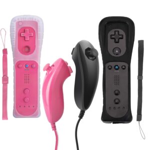 jtao-tec wii controller, 2 packs wii controller and wii nunchuck for wii and wii u console, with silicone case and wrist strap (black + pink)