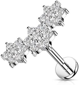 covet jewelry triple cz flower cluster top on internally threaded 316l surgical steel flat back studs for labret, monroe, cartilage and more (16ga, l: 5/16" (8mm), clear)