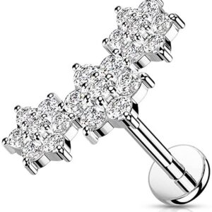 Covet Jewelry Triple CZ Flower Cluster Top on Internally Threaded 316L Surgical Steel Flat Back Studs for Labret, Monroe, Cartilage and More (16GA, L: 5/16" (8mm), Clear)