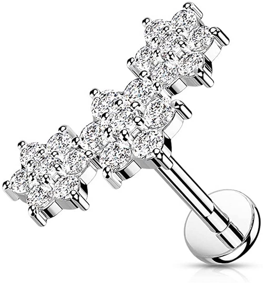 Covet Jewelry Triple CZ Flower Cluster Top on Internally Threaded 316L Surgical Steel Flat Back Studs for Labret, Monroe, Cartilage and More (16GA, L: 5/16" (8mm), Clear)