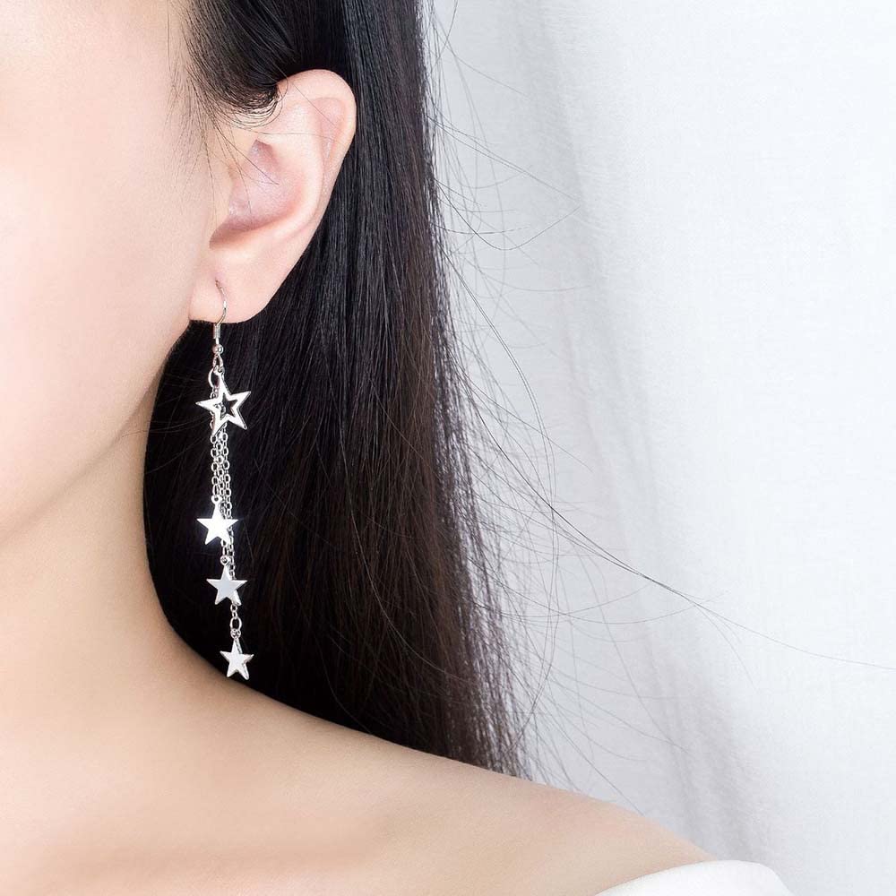 Temperament Long Star Tassel Drop Dangle Earrings for Women Five-Pointed Star Stud Earrings Shiny Starlight Hollow Star Earrings (Silver)