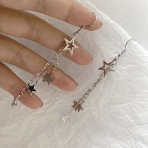 Temperament Long Star Tassel Drop Dangle Earrings for Women Five-Pointed Star Stud Earrings Shiny Starlight Hollow Star Earrings (Silver)