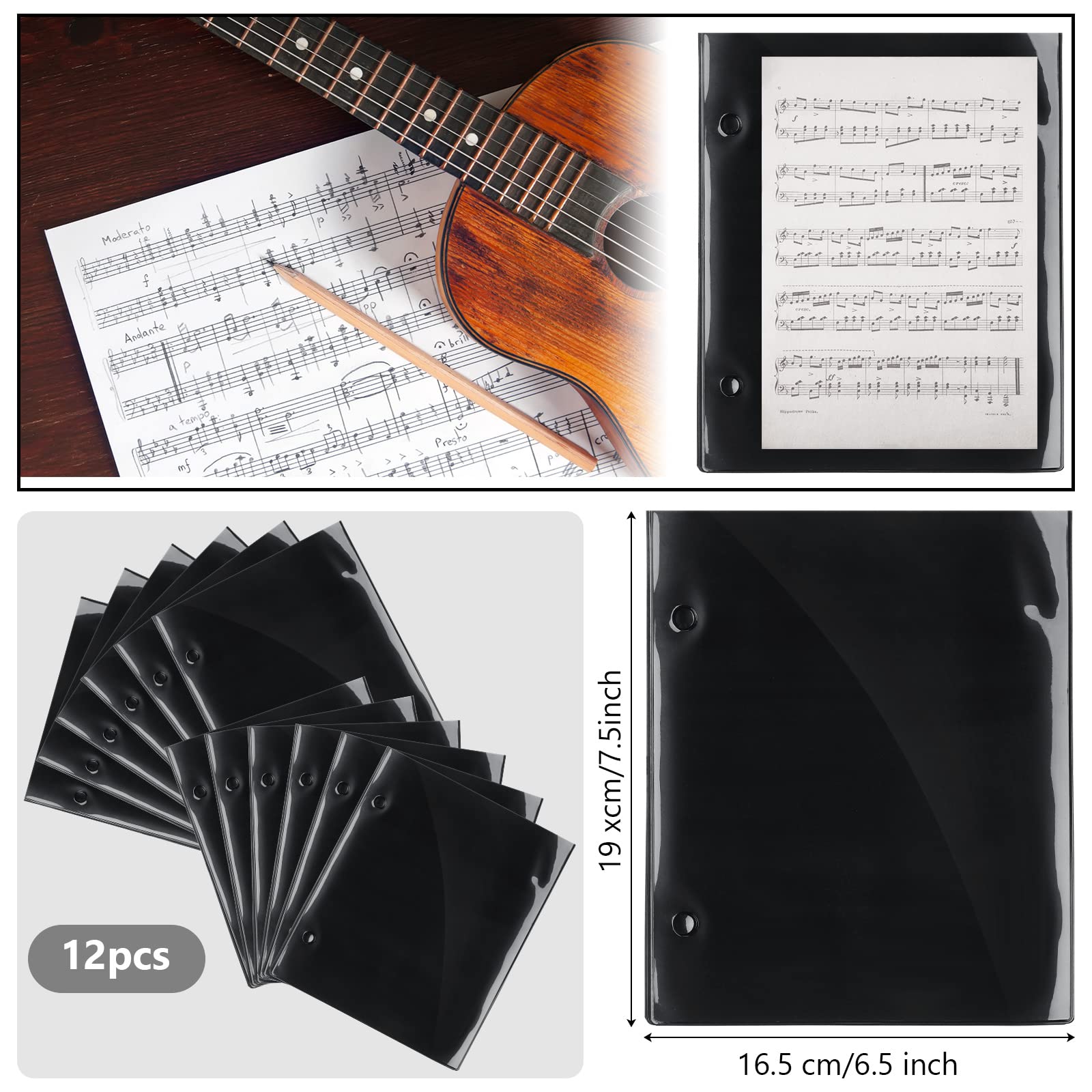 12 Pieces Flip Folder Pages Flip Folio Marching Band Music Files Holder Sheet Musical Flip Folder with 2 Holes 7.5 x 6.3 Inches PVC Waterproof Window Pages for Music Files (Black, Double Side)