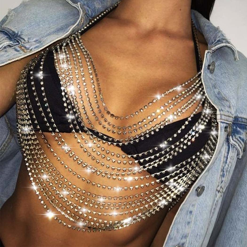 Ludress Crystal Layered Body Chain Gold Rhinestone Chest Chain Sparkly Tops Bra Chains Tassel Bikini Chain Rave Party Body Jewelry for Women and Girls