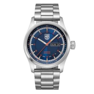 luminox - atacama field automatic - mens watch 44mm - military watch in silver/white date function - 200m water resistant - sapphire glass - mens watches - made in switzerland, blue, bracelet