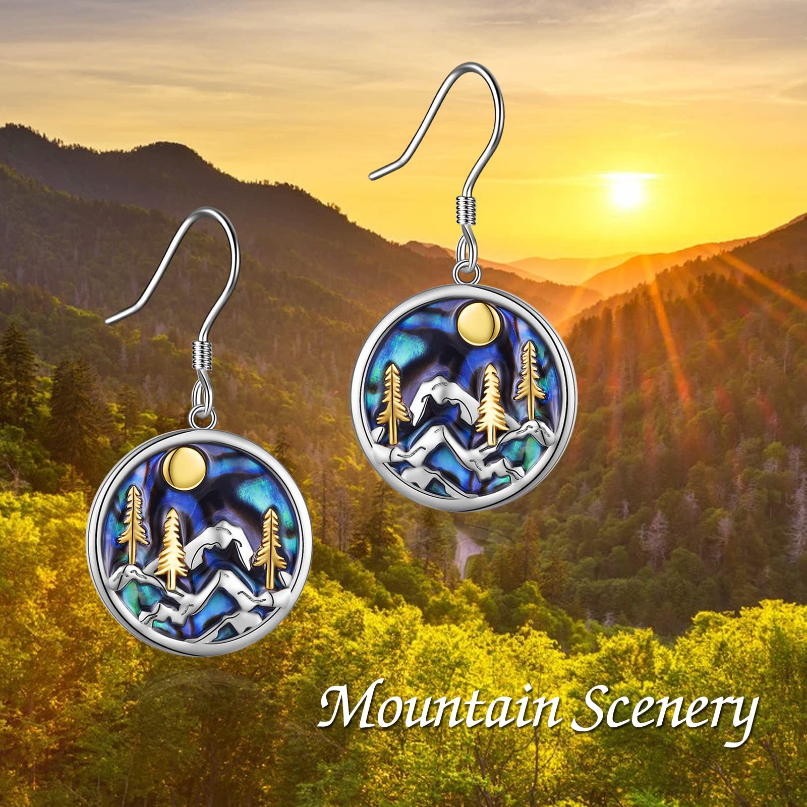 Mountain Earrings Gifts Sterling Silver Abalone Sun Mountain and Tree Dangle Earrings Nature Jewelry Gift for Skiers, Hikers, Campers, Climbers,Nature Lovers (Mountain earrings-tree and sun)