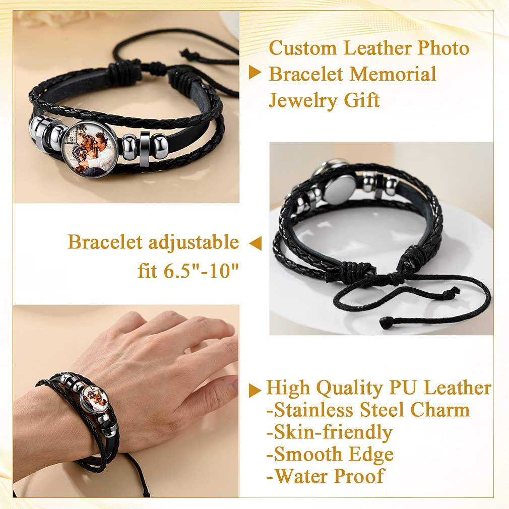 Custom4U Personalized Photo Bracelets PU Braided Leather Charm Photo Bracelets Women Men Christmas Gifts