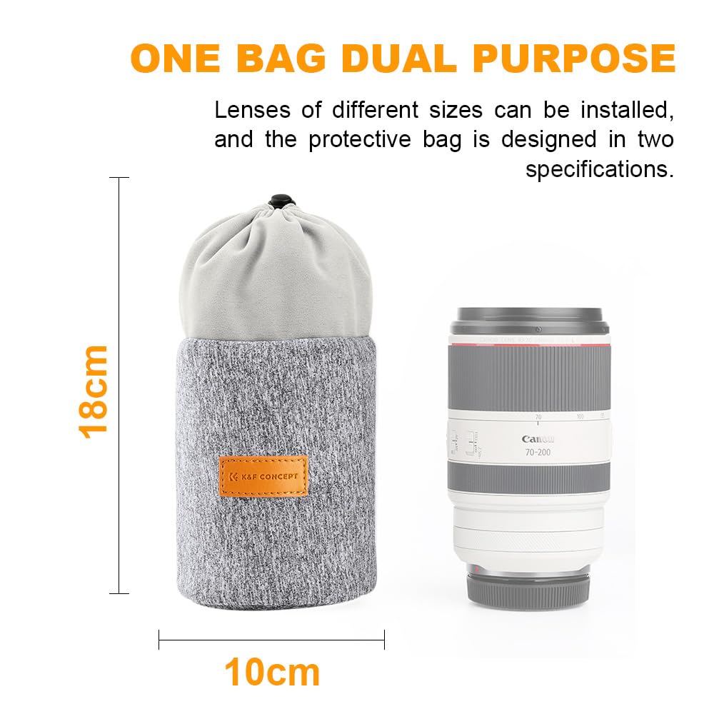 K&F Concept Lens Pouch 2-in-1 Expandable Camera Lens Bag Case Compatible for Canon Lenses 75-300mm, Nikon, Sony, Pentax, Olympus Camera Lens 10 x 18cm Protective Neoprene Soft Plush for DSLR Lenses