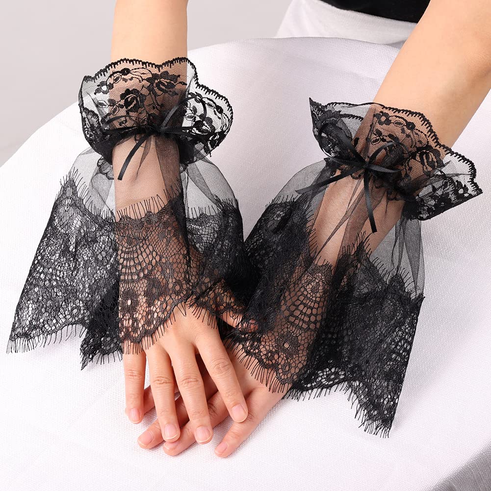 Girls Women Lace Ruffle Cuffs Steampunk Wrist Cuff (Black 1)