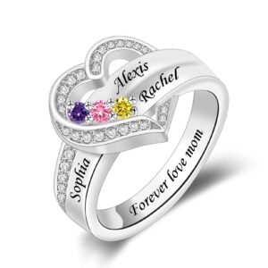 personalized 1/2/3/4/5/6/7/8 stones rings for her heart mother ring with simulated birthstones custom mother daughter ring jewelry for women engagement name promise ring for mom wife grandmother (3 name)