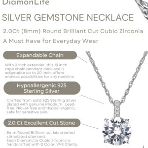 DIAMONLITE 2 Ct Round CZ 925 Sterling Silver Necklace for Women - 18" + 2" Cubic Zirconia Necklace, Round Cubic Zirconia Pendant Necklace, Sterling Silver CZ Necklace, Womens Cubic Zirconia Necklace