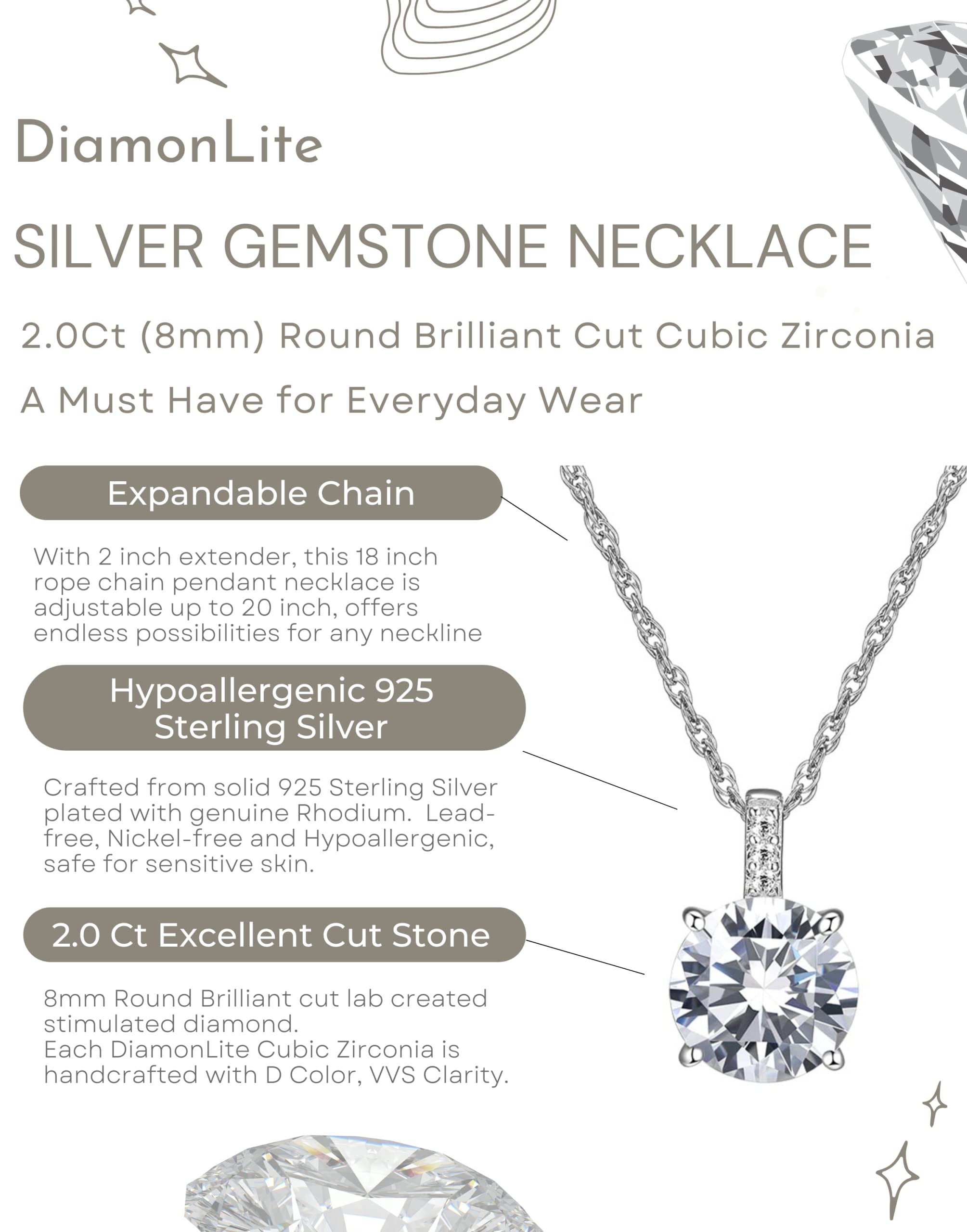 DIAMONLITE 2 Ct Round CZ 925 Sterling Silver Necklace for Women - 18" + 2" Cubic Zirconia Necklace, Round Cubic Zirconia Pendant Necklace, Sterling Silver CZ Necklace, Womens Cubic Zirconia Necklace