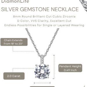 DIAMONLITE 2 Ct Round CZ 925 Sterling Silver Necklace for Women - 18" + 2" Cubic Zirconia Necklace, Round Cubic Zirconia Pendant Necklace, Sterling Silver CZ Necklace, Womens Cubic Zirconia Necklace