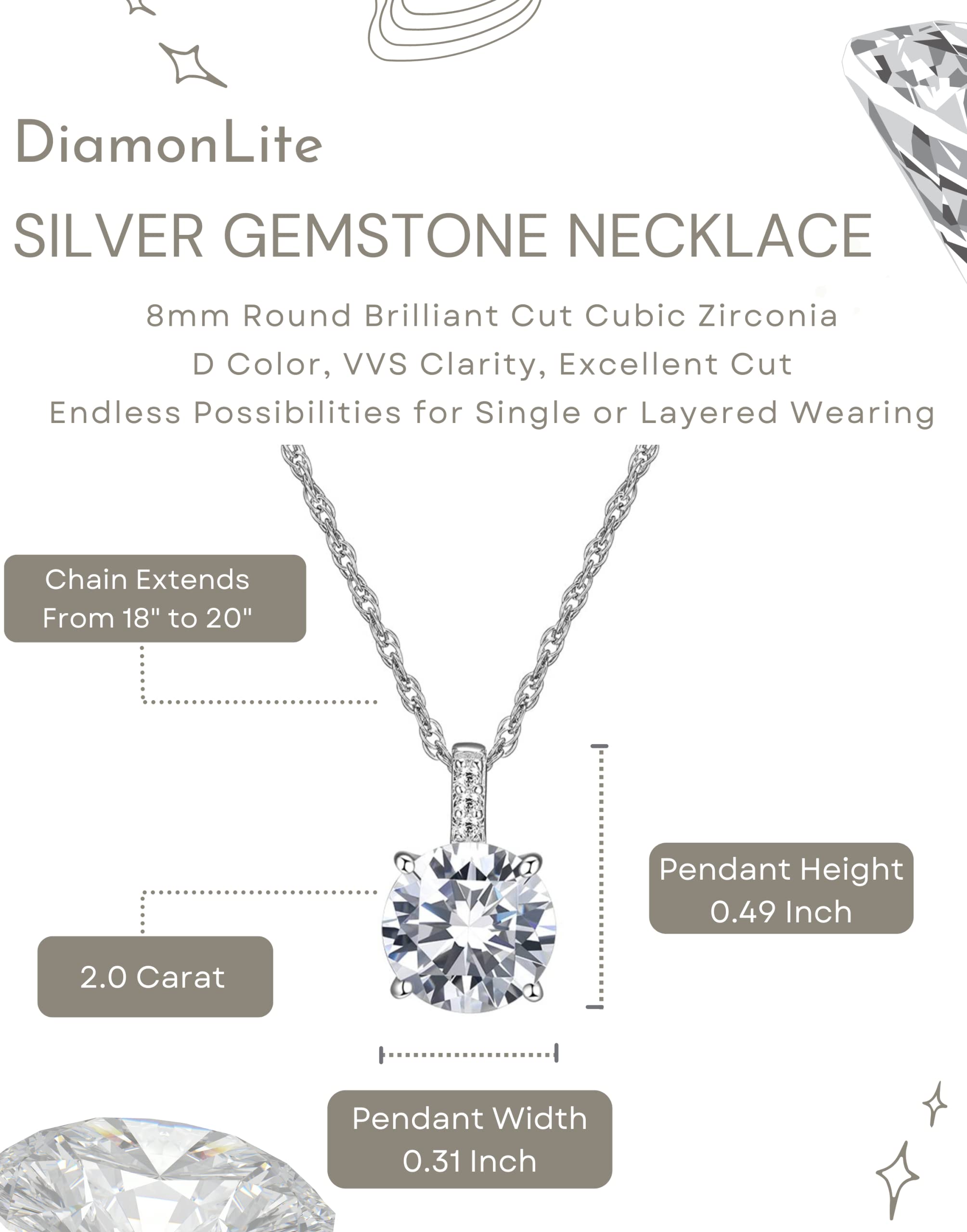 DIAMONLITE 2 Ct Round CZ 925 Sterling Silver Necklace for Women - 18" + 2" Cubic Zirconia Necklace, Round Cubic Zirconia Pendant Necklace, Sterling Silver CZ Necklace, Womens Cubic Zirconia Necklace