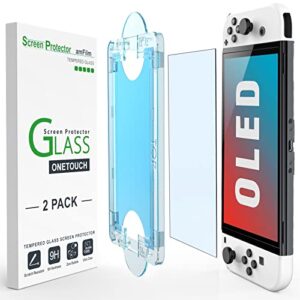 amfilm onetouch screen protector designed for nintendo switch oled model 2021 - with auto alignment kit, bubble free, glass, 2 pack