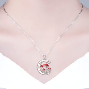 Fenthring Sterling Silver Mushroom Necklace Magical Red Mushroom Pendant Moon and Star Moon Necklaces for Women Mushrooms Gifts