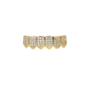 colorful bling 18k gold plated all iced out luxury cubic zirconia cz teeth grillz set top & bottom grill removable hip hop halloween party gothic accessories with extra molding bars-gold bottom