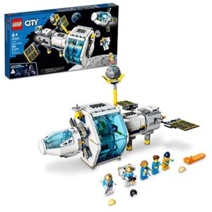 lego city lunar space station, 60349 nasa inspired building toy, model set with docking capsule, labs and 5 astronaut minifigures