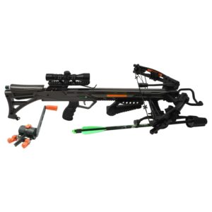 rocky mountain rm-405 hunting crossbow kit - includes 3x100 grain field points & bolts, 4x32 scope, quick-detach 3 crossbolt side quiver, rope cocker, rail lubricant