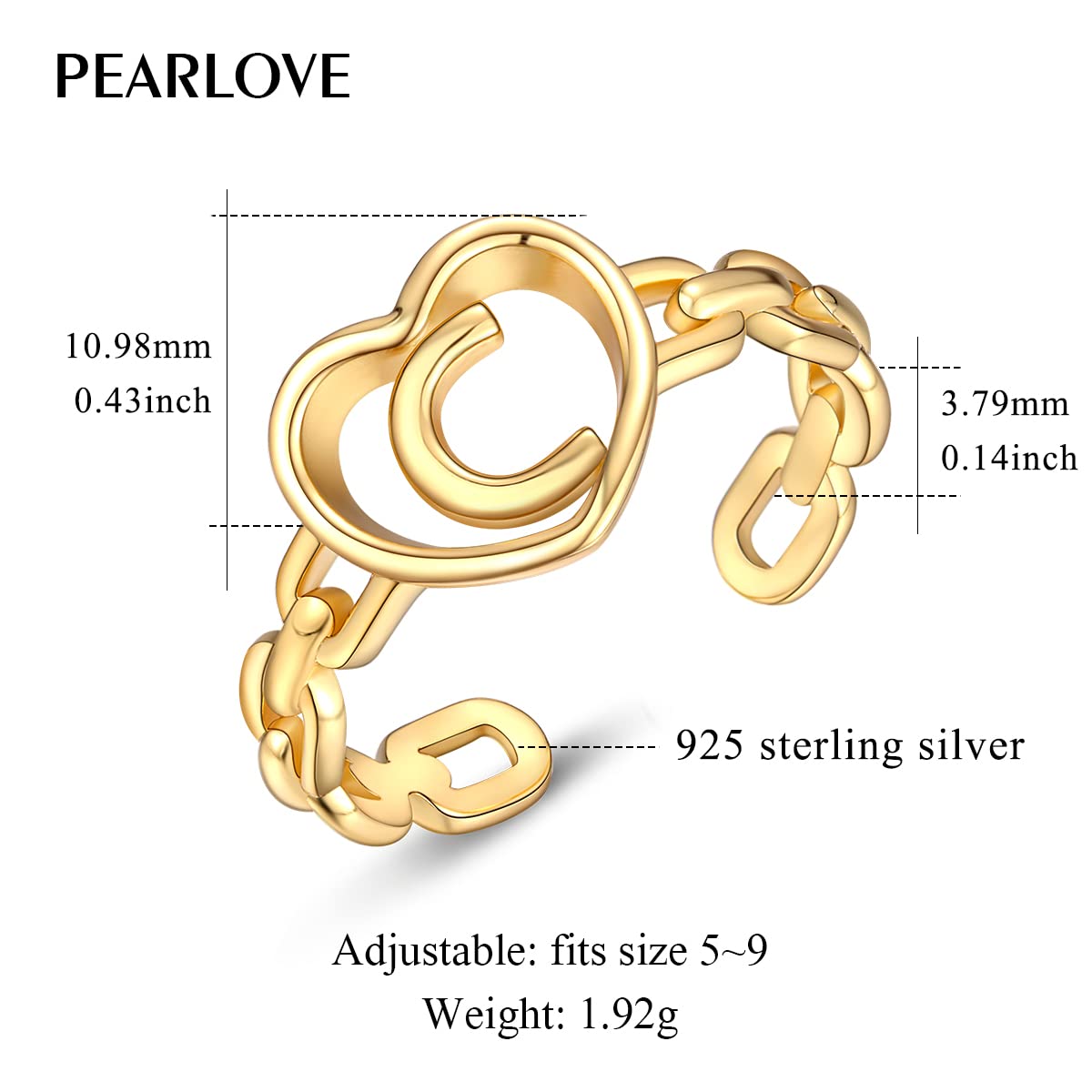 PEARLOVE 925 Sterling Silver Adjustable Initial Rings for Women Stackable 18K Gold Plated A-Z Letter Chain Link Rings