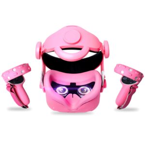 barbie pink 6 in 1 set head strap for oculus quest 2 accessories,modjuego adjustable forehead strap with silicone touch controller grip cover, vr face cover and vr shell protector cover replacement