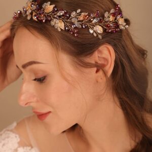 Denifery Red Hair Vine Crystal Wedding Headband - Fall Boho Bridal Hair Piece with Gold Leaf for Women and Girls