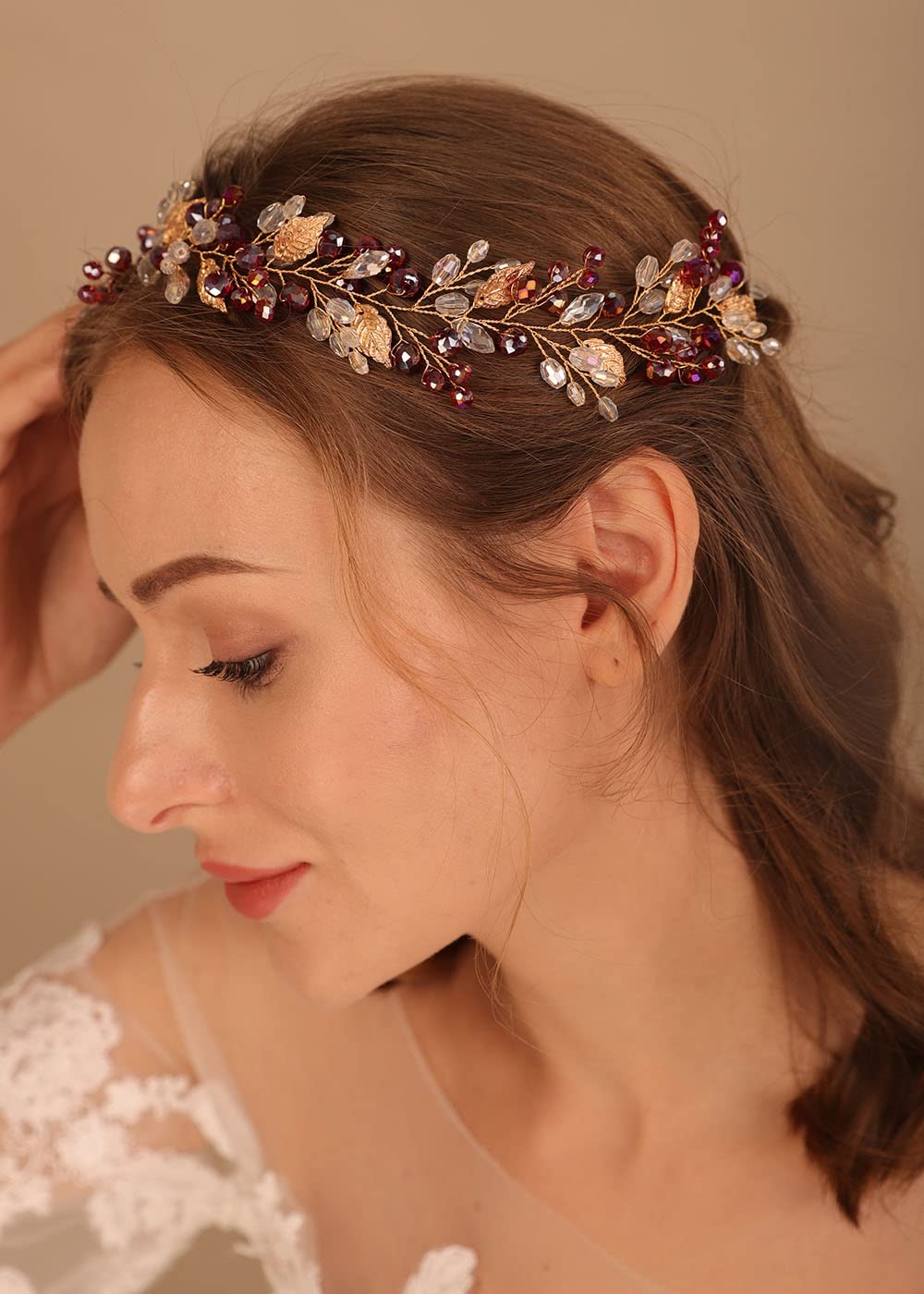 Denifery Red Hair Vine Crystal Wedding Headband - Fall Boho Bridal Hair Piece with Gold Leaf for Women and Girls