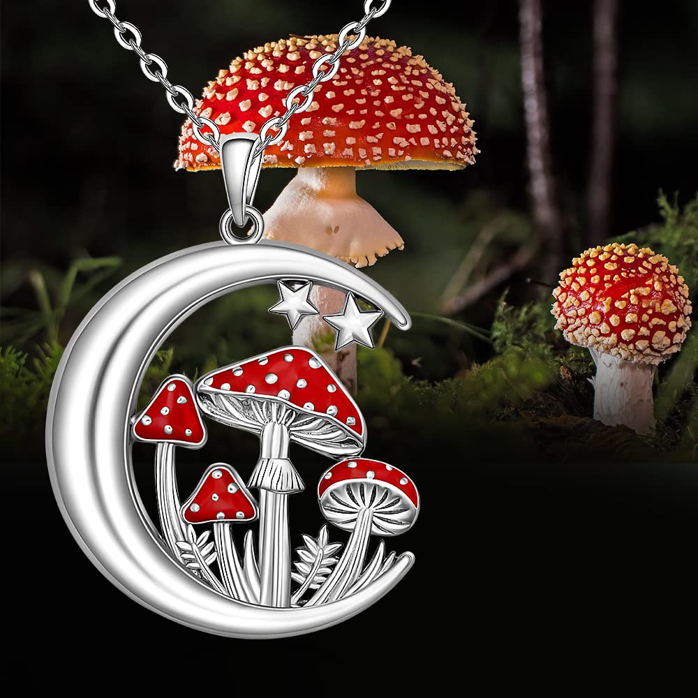 Fenthring Sterling Silver Mushroom Necklace Magical Red Mushroom Pendant Moon and Star Moon Necklaces for Women Mushrooms Gifts