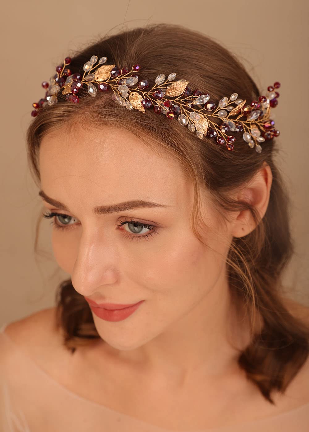 Denifery Red Hair Vine Crystal Wedding Headband - Fall Boho Bridal Hair Piece with Gold Leaf for Women and Girls