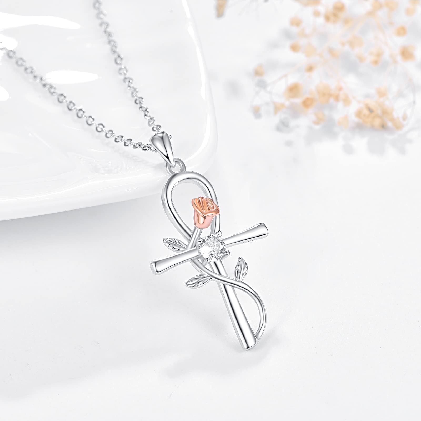 PRAYMOS Ankh Necklace Women 925 Sterling Silver Rose Cross Pendant 5A Cubic Zirconia Ankh EgyptianJewelry Gift for Women Wife Mother's Day Gifts