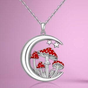 Fenthring Sterling Silver Mushroom Necklace Magical Red Mushroom Pendant Moon and Star Moon Necklaces for Women Mushrooms Gifts