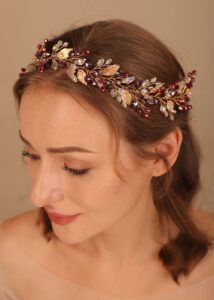 denifery red hair vine crystal wedding headband - fall boho bridal hair piece with gold leaf for women and girls