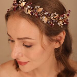 Denifery Red Hair Vine Crystal Wedding Headband - Fall Boho Bridal Hair Piece with Gold Leaf for Women and Girls