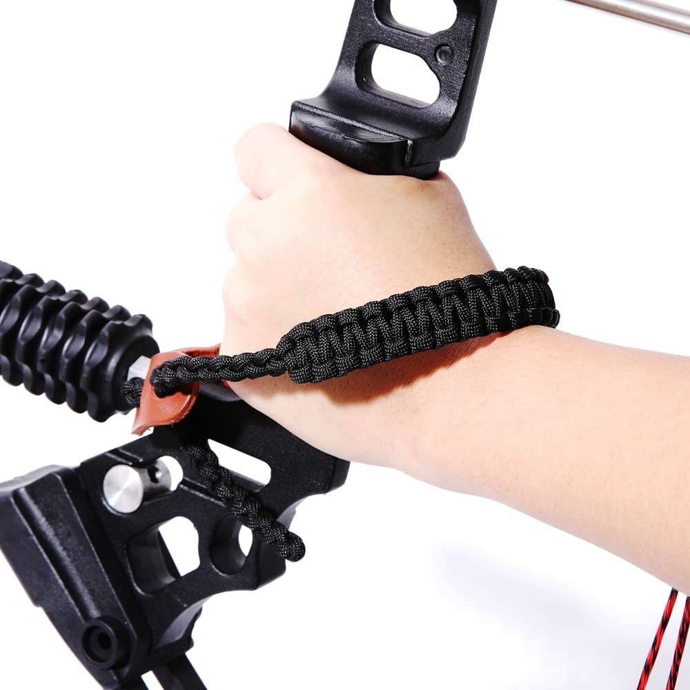 Elm Ray Archery Bow Wrist Sling 550 Paracord,Durable 100% Full Grain Leather with Strong Metal Grommet,Comfortable and Light,Fit Compound Bow Stabilizer & Recurve (Black)