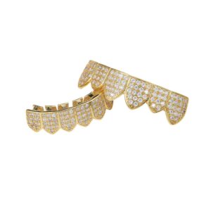 COLORFUL BLING 18k Gold Plated All Iced Out Luxury Cubic Zirconia CZ Teeth Grillz Set Top & Bottom Grill Removable Hip Hop Halloween Party Gothic Accessories with Extra Molding Bars-Gold Bottom