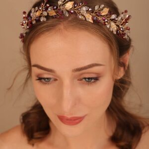 Denifery Red Hair Vine Crystal Wedding Headband - Fall Boho Bridal Hair Piece with Gold Leaf for Women and Girls