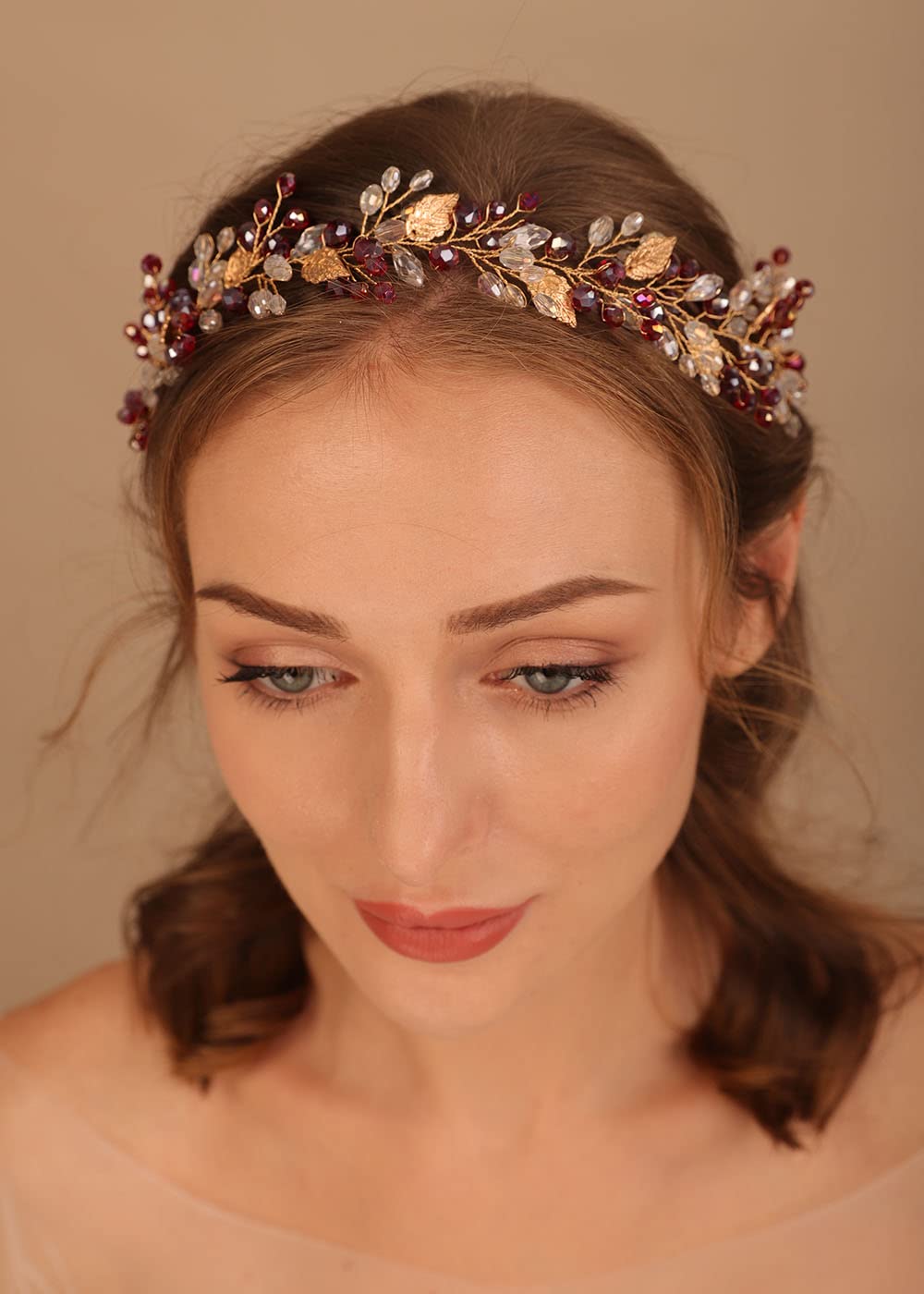 Denifery Red Hair Vine Crystal Wedding Headband - Fall Boho Bridal Hair Piece with Gold Leaf for Women and Girls