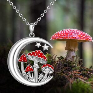 Fenthring Sterling Silver Mushroom Necklace Magical Red Mushroom Pendant Moon and Star Moon Necklaces for Women Mushrooms Gifts