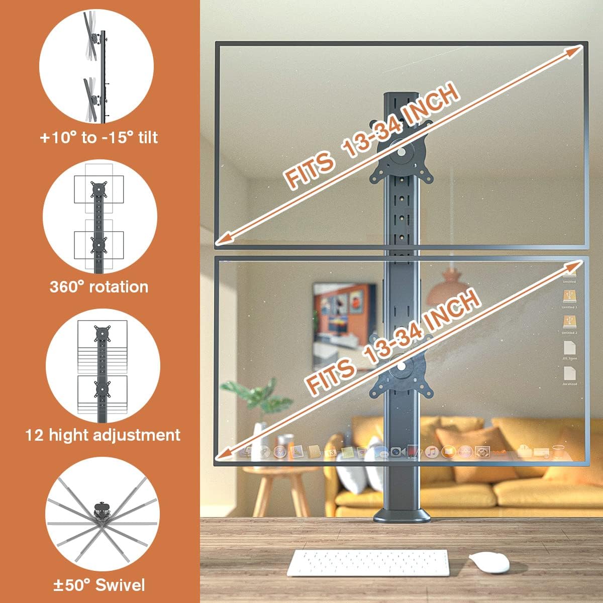 Hemudu Dual Monitor Articulating Desk Mount Arm Stand - Vertical Stack Screen Supports Two 13 to 34 Inch Computer Monitors with C Clamp