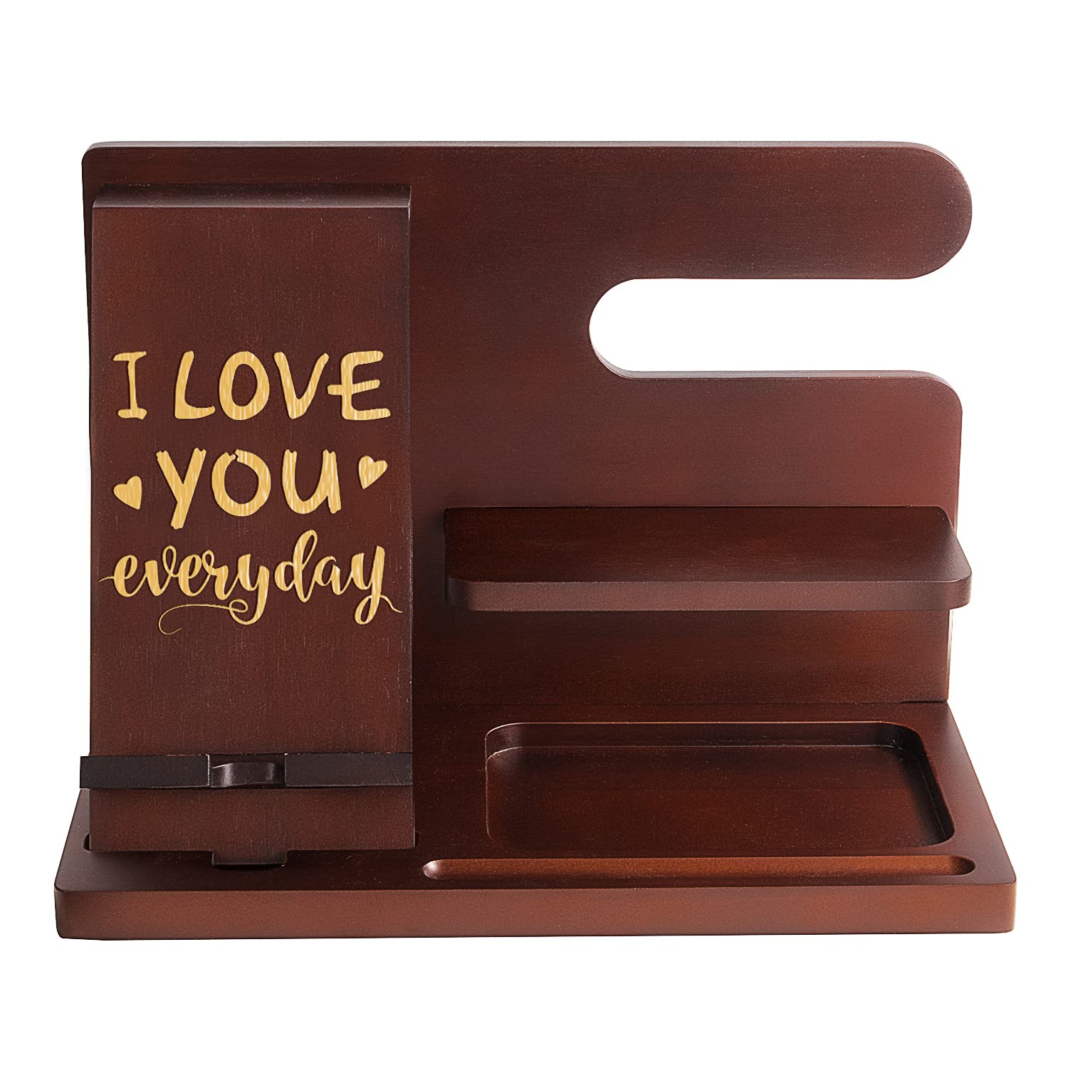 Personalized Wood Phone Docking Station For Husband Boyfriend - I Love You Everyday - Key Holder Wallet Stand Watch Organizer Men Gift Anniversary Birthday Christmas Nightstand Male Travel Gadgets