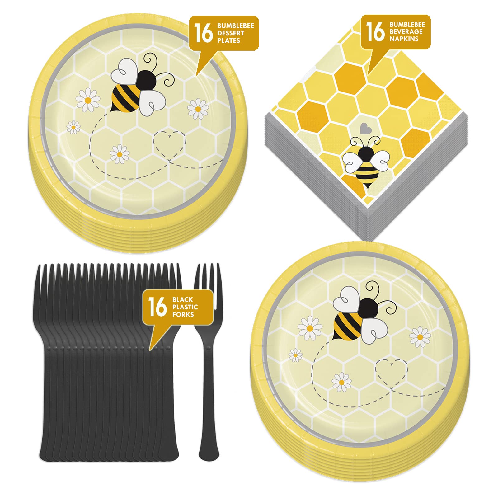 Bee Party Supplies for Baby Showers and Birthdays - Bumblebee Paper Dessert Plates, Napkins, and Forks (Serves 16)