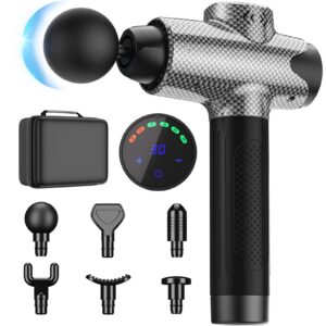 muscle massage gun, quiet deep tissue percussion back neck head hammer massager for athletes, 30 speed level, lcd touch screen with 6 heads, hand held massager (carbon)…