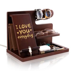 personalized wood phone docking station for husband boyfriend - i love you everyday - key holder wallet stand watch organizer men gift anniversary birthday christmas nightstand male travel gadgets