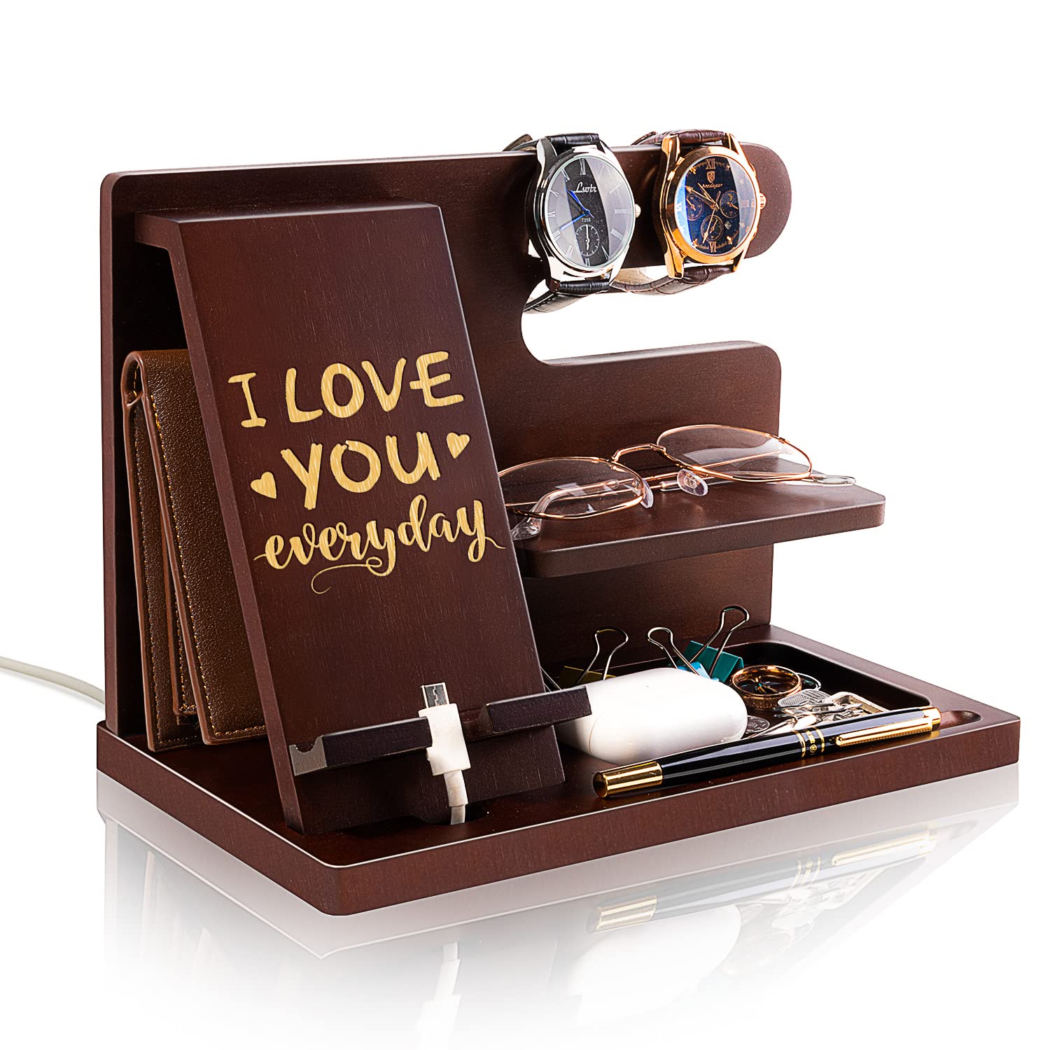 Personalized Wood Phone Docking Station For Husband Boyfriend - I Love You Everyday - Key Holder Wallet Stand Watch Organizer Men Gift Anniversary Birthday Christmas Nightstand Male Travel Gadgets