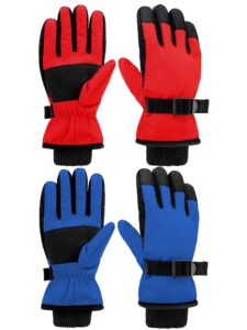 eurzom 2 pairs kids winter gloves waterproof ski gloves windproof warm unisex ski gloves warm snow gloves with hook and loop(red, blue, for 6-13 years)