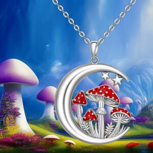 Fenthring Sterling Silver Mushroom Necklace Magical Red Mushroom Pendant Moon and Star Moon Necklaces for Women Mushrooms Gifts