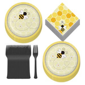 bee party supplies for baby showers and birthdays - bumblebee paper dessert plates, napkins, and forks (serves 16)