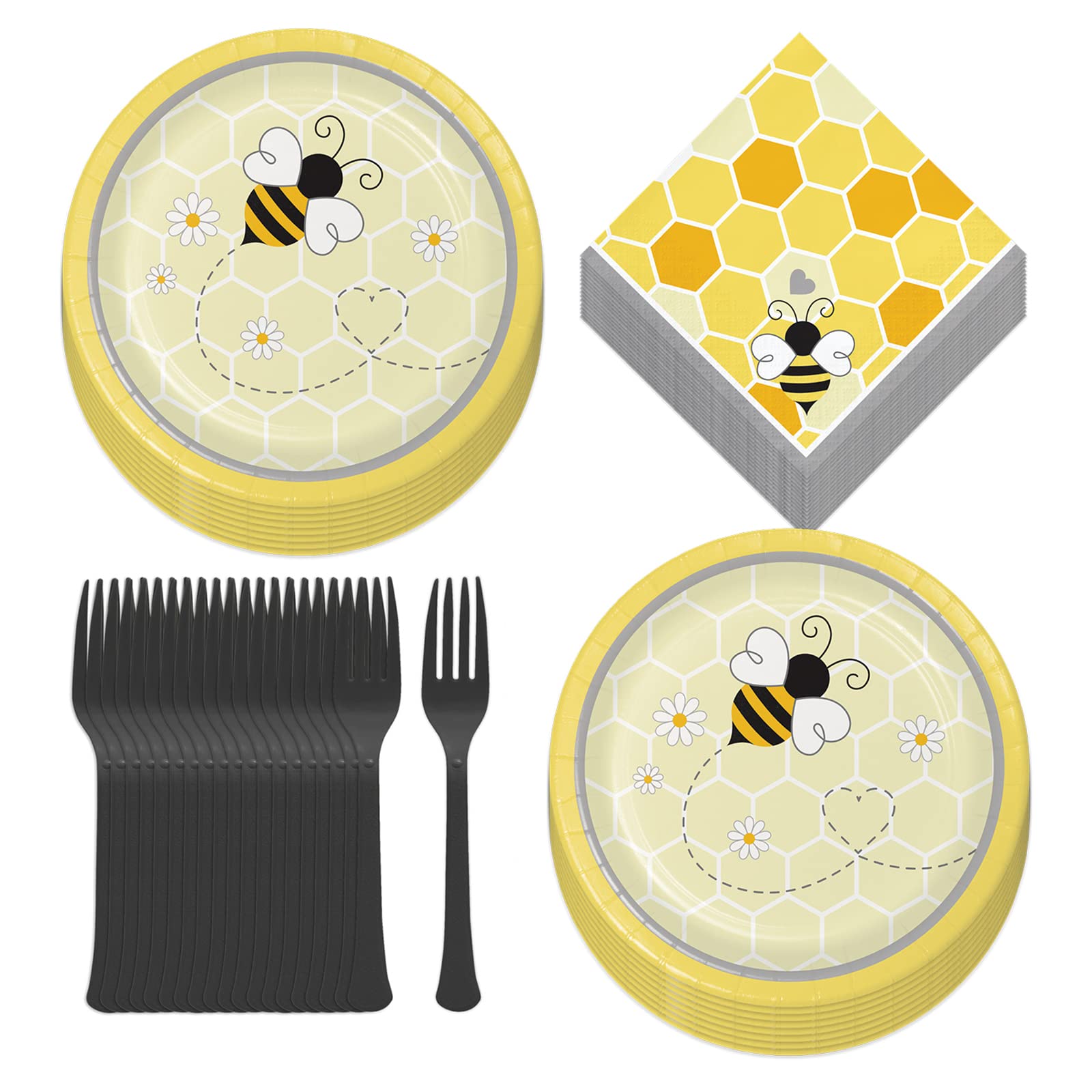 Bee Party Supplies for Baby Showers and Birthdays - Bumblebee Paper Dessert Plates, Napkins, and Forks (Serves 16)